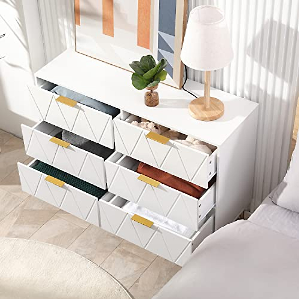 Betterhood 6 Drawer Dresser,White Dresser for Bedroom, Wood Chest of Drawers with Diamond Board & Gold Metal Handles for Bedroom,Living Room,Closet Hallway (White)