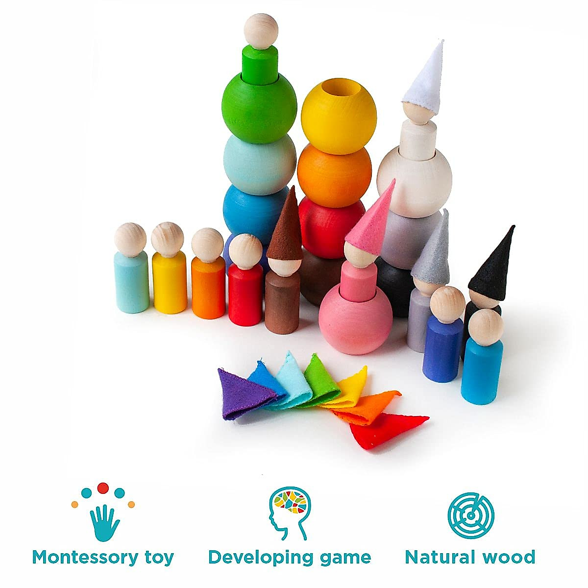 Ulanik Peg Dolls in Balls with Hats Toddler Montessori Toys for 3 Year Old + Wooden Waldorf Dolls for Learning Color Sorting and Counting — 12 Gnomes, 2.36 in