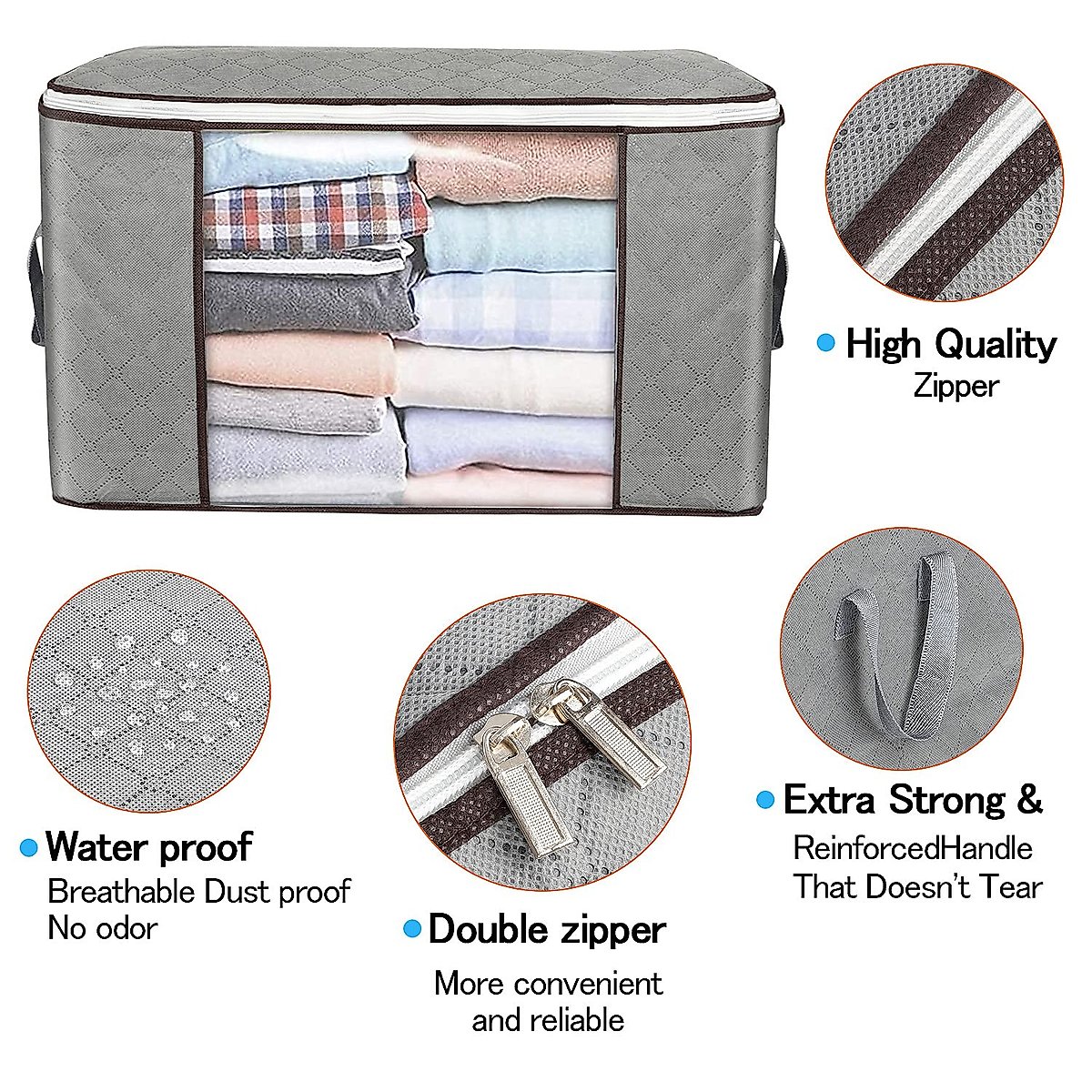 Txtsegose Large Capacity Clothes Storage Bag,Capacity Storage Bins with Clear Window, Closet Organizer with Reinforced Handle, Storage Containers Foldable with Sturdy Zipper, 3 Pack, (Gray).