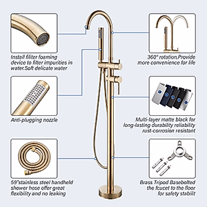Brushed Gold Freestanding Bathtub Faucet with Hand Shower Tub Filler Faucet Floor Mounted High Flow Single Handle Bath Filler Solid Brass