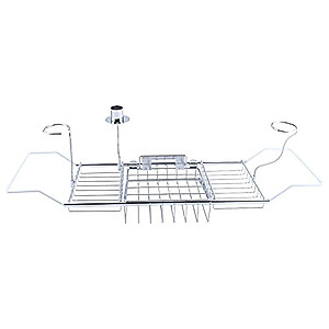 Bath Tray for Tub, Adjustable Bathtub Caddy Tray with Extending Side, Metal Bathtub Shelf Expandable Storage Rack Organizer with Wine Glass and Phone Holder for Home Bathroom Luxury Bathing, Silver