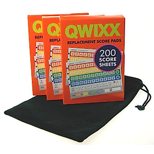 QWIXX Original 3 Replacement Score Pad Boxes Bundle (in Color) - 600 Score Sheets (Score Cards) - Bonus Hickoryville Velour Storage Bag