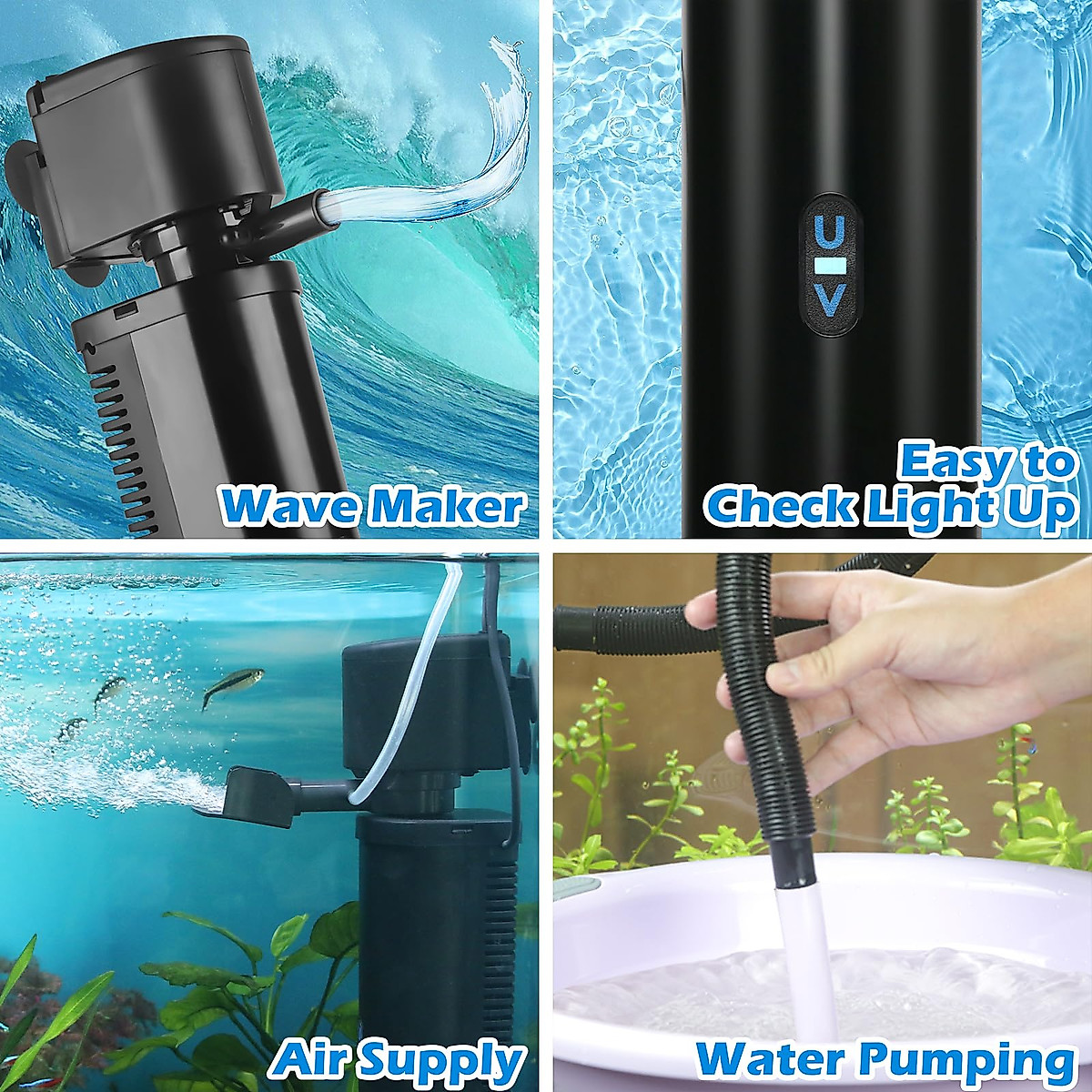 Fish Tank Filter U-V for 40-150 Gallon Tank, Aquarium Green Clean Machine Submersible Powerful Pump Canister Filter 400GPH for Pond Turtle Tank Saltwater Freshwater Crystal Clear Green Killing