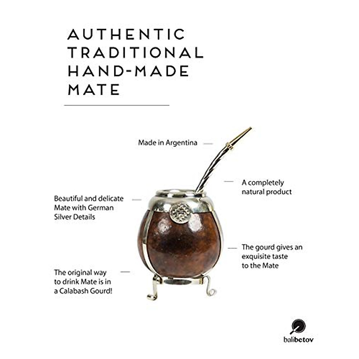 BALIBETOV [New Handmade Yerba Mate Gourd Set - German Silver Trim and Base - [Mate Cup] with Bombilla [Yerba Mate Straw] (Dark Brown)
