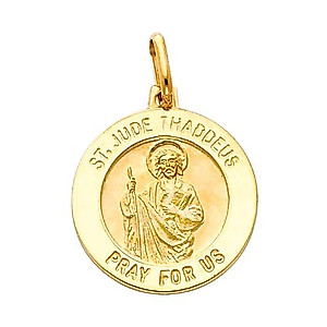 GM Fine Jewelry 14k Yellow Gold Religious Saint Jude Thaddeus Medal Charm Pendant with 1.5mm Flat Open wheat Chain Necklace - 18"