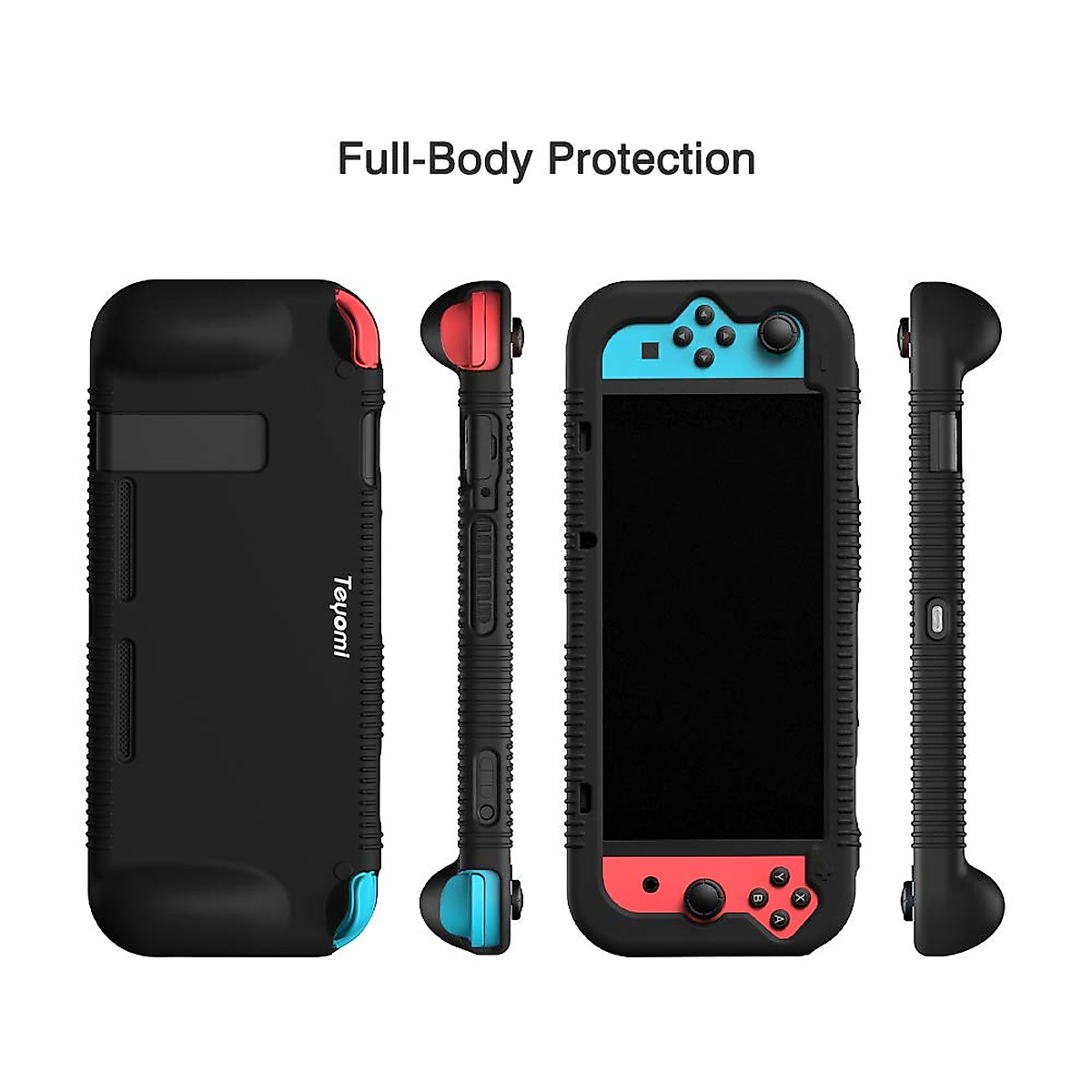 Teyomi Protective Silicone Case for Nintendo Switch, Grip Cover with Tempered Glass Screen Protector, 2 Storage Slots for Game Cards, Shock-Absorption & Anti-Scratch (Black)