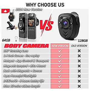 Body Camera with 1080P HD Recording 1.4 in Screen Recorder With 64GB Card, Flashlight Mode, Loop Record, 6HR Battery Life Wearable Cameras Police Cop Cam for Outdoor, Law Enforcement, Guard, Travel