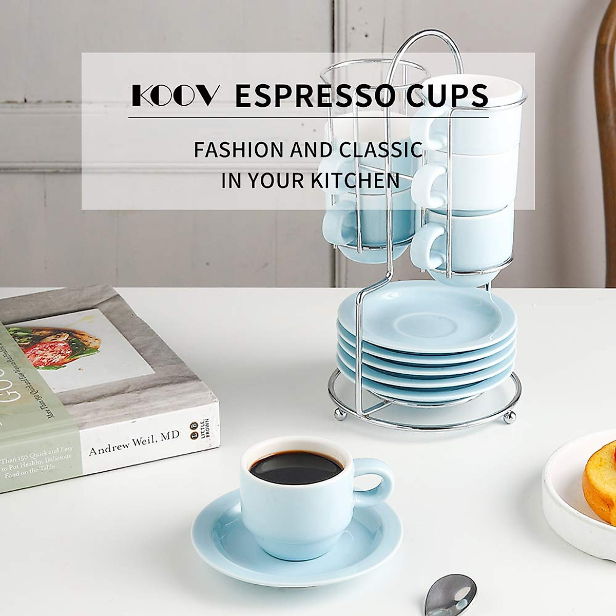 KOOV Porcelain Stackable Espresso Cups Set, Coffee Cups Set with Saucers and Metal Stand, 2.5 Ounce Coffee Cup Set of 6 (Pale Blue)