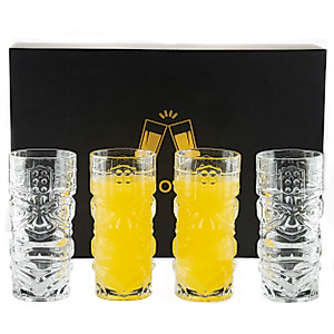 Clear Tiki Glasses, Set of 4 - 450 ML - Perfect for Exotic Cocktails, Lemonade, Ice Tea, Mixed Drinks- Exotic Zombie, Rum, Mai Tai, Pina Colada, Punch, Hurricane, Bar Drinkware