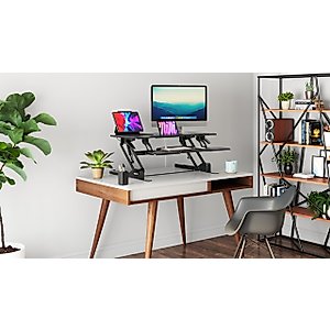 Mount-It! Height Adjustable Standing Desk Converter, 38” Wide, Stand Up Desk Riser for 2 Monitors, Manual Gas Spring Desktop Raises to 16.9", Fits Two Monitor Screens with Keyboard Mouse Tray in Black