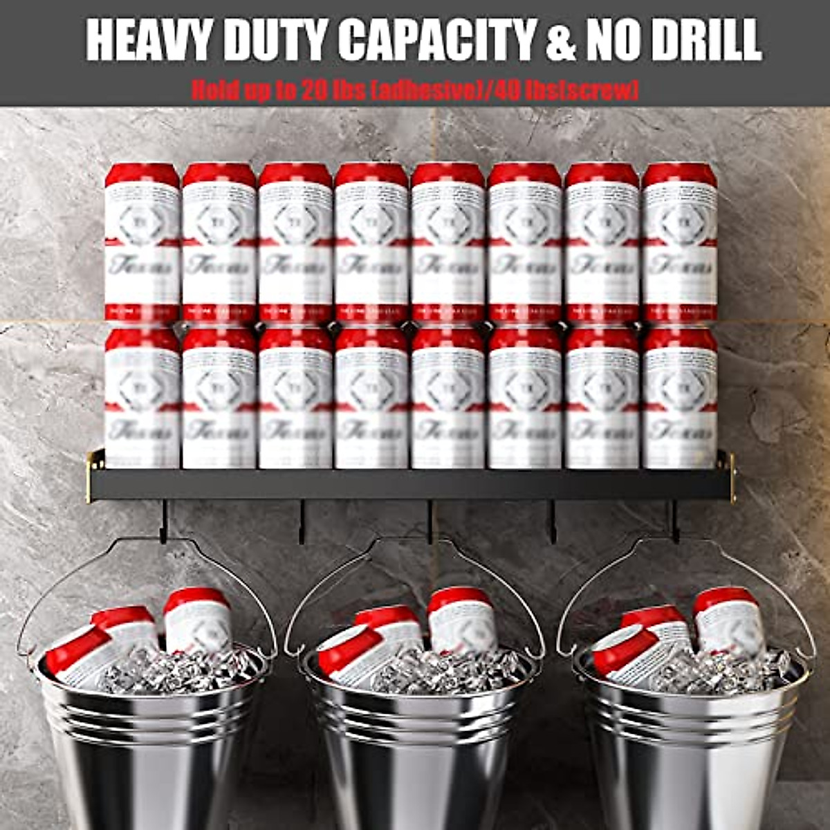 24HOCL Floating Shelves Wall Mounted with 7 Removable S Hooks, Adhesive/Drill Installation Wall Shelves for Bedroom/Bathroom/Living Room/Kitchen/Laundry Room, Storage & Decoration, Black/Gold