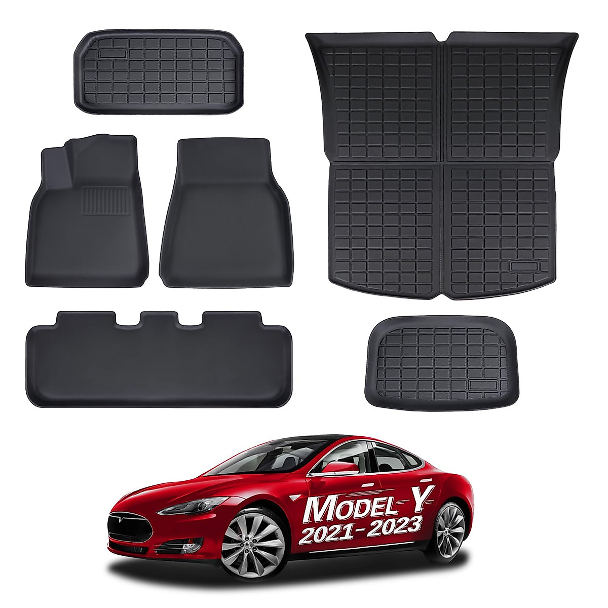 ROADGIVE 6PCS Tesla Model Y Floor Mats Cargo Liners 2021-2023(5 Seater), Custom Fit TPE All Weather Floor Liners Waterproof Car Interior Accessories