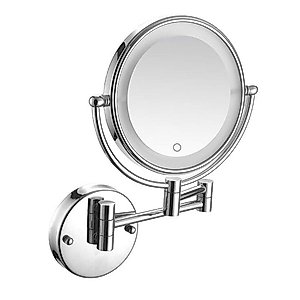 8inch LED Wall Mounted Bathroom Mirrors,Adjustable Light Extendable Makeup Mirror Double-Sided 360°Swivel Folding Beauty Mirror Round Shape,Chrome Mirror
