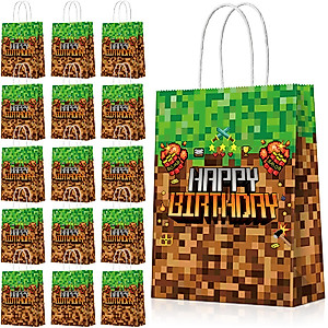 16pcs Pixel Party Favor Bags with Handle Paper Miner Gift Bags Candy Bags Goodie Treat Bags for Mining Pixel Video Game Party Decorations Birthday Party Supplies