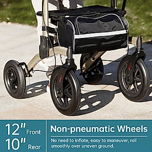 ELENKER All-Terrain Upright Rollator Walker, Stand up Rolling Walker with Seat, 12” Non-Pneumatic Tire Wheels, Compact Folding Design for Seniors, Champagne