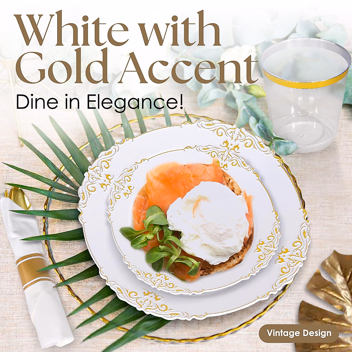 Zulzzy 350 PCS White and Gold Plastic Plates Vintage Design - Includes 50 Dinner Plates, 50 Dessert Plates, 50 Napkins, 50 Cups & Gold Silverware. Ideal for Weddings, Parties & Events.