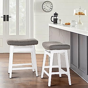 Erste!Bravo White Solid Wood Bar Stools Set of 2 for Kitchen Counter Height Barstools with Faux Leather Saddle Seat Farmhouse Upholstered Stools for 34"-38" Counter Island, Grey Cushion & White Legs