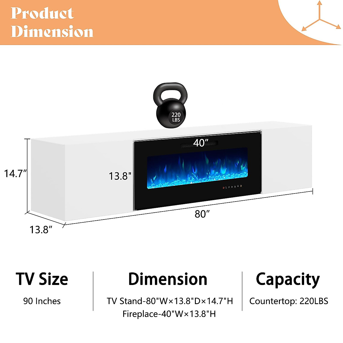 AMERLIFE Floating Fireplace TV Stand, Wall Mounted Mirrored Entertainment Center with 40" Electric Fireplace, Modern LED Lights Media Console for TVs Up to 90", White