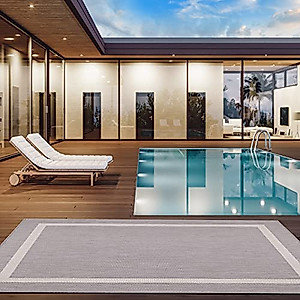 Beverly Rug Waikiki Indoor Outdoor Rug 8x10, Washable Outside Carpet for Patio, Deck, Porch, Bordered Modern Area Rug, Water Resistant, Grey - White