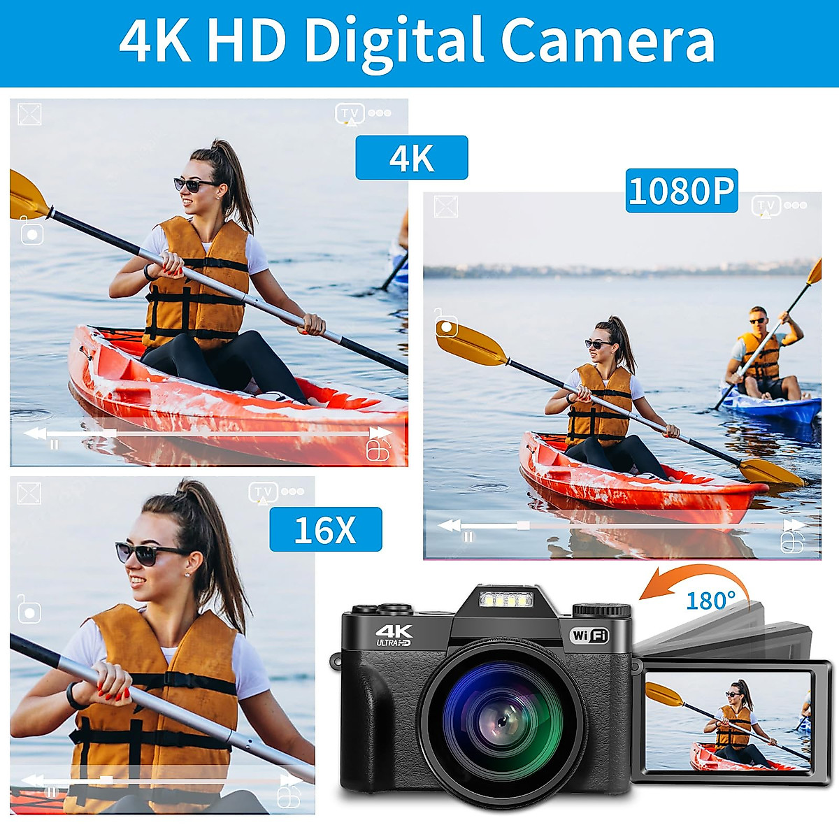 4K Vlogging Camera for YouTube 48MP Digital Camera for Photography 16X Digital Zoom Compact Camera with WiFi Wireless Microphone, Wide-Angle & Macro Lens 32GB TF Card and 2 Batteries (Black)