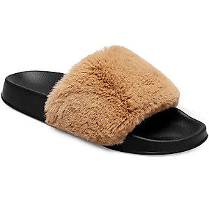 Spesoul Womens Fuzzy Slides Open Toe Furry Slide Slippers Indoor Outdoor Slides Sandals Casual Flat Fluffy House Slippers 9
