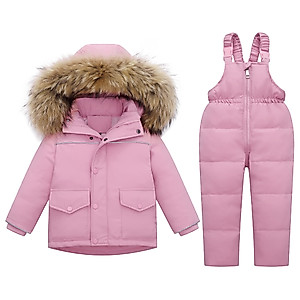 Fewlby Kids 2-Piece Snowsuit Toddler Baby Boys Girls Winter Wear Ski Jacket & Snow Bib Pants Ski Suit, Pink 2-3 Years