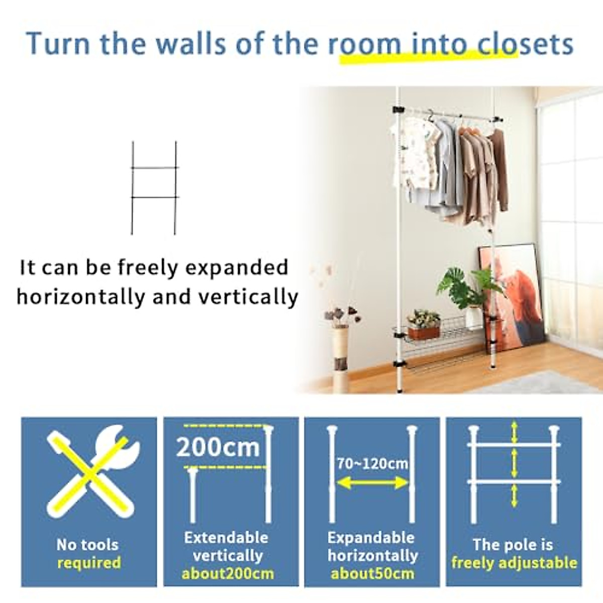 Hershii Adjustable Clothes Hanging Rail Heavy Duty Indoor Garment Rack Shelf Tidy Poles Floor to Ceiling Telescopic Closet Wardrobe Organizer Height 110-310cm, White, with Storage Basket
