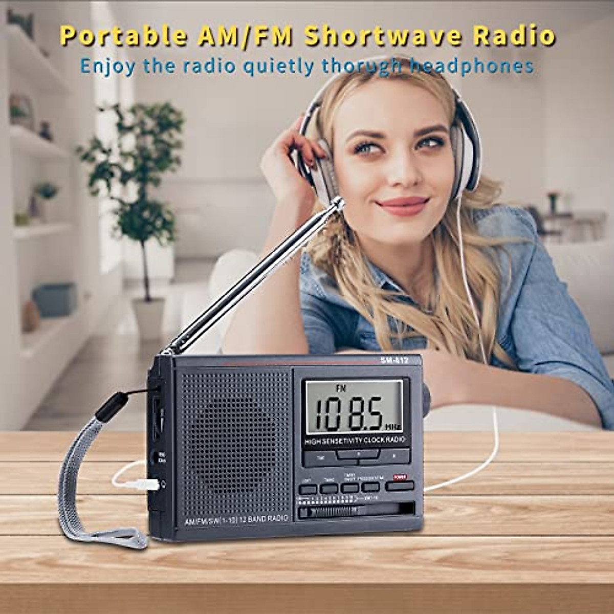 Portable AM FM SW 12 Bands Shortwave Radio, Small Walkman Digital Radio, Time Setting with Auto Power On/Off, High/Low Tone Mode, Build-in Speaker and Earphone Jack, Powered by DC or 2AA Battery