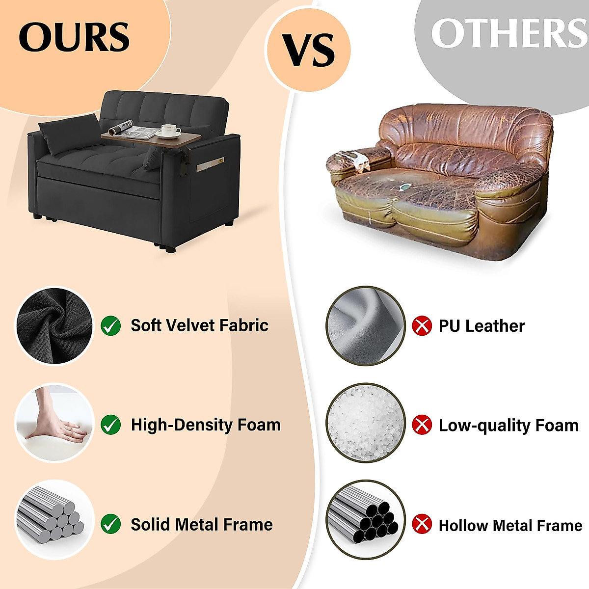 SPOWAY 3 in 1 Sleeper Sofa Couch Bed, Modern Velvet Convertible Sofa Bed with Adjustable Backrest & 2 Pillows, Hidden Side Table, Pull-Out Sofa Bed for Living Room Bedroom, Black