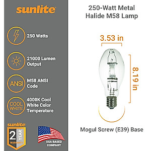 Sunlite MH250/U/MOG M58 Metal Halide Lamp, 250 Watts, Mogul Base (E39), ED28, 15,000 Hour Life Span, 21000 Lumen, Clear Finish, 4000K, 2 Pack