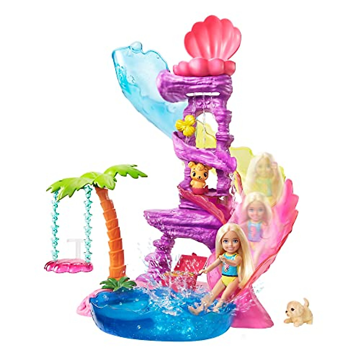 Barbie Dreamtopia Chelsea Water Lagoon Playset with Chelsea Doll (6 in Blonde), 2 Pets, Slide, Pool & Swing, Gift for 3 to 7 Year Olds