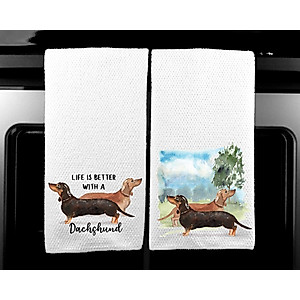 Dachshund Landscape and Watercolor Dog Life is Better Microfiber Kitchen Tea Towel Set of 2