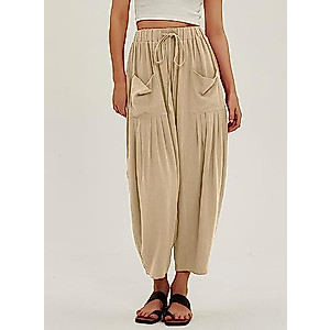 Beaully Women's Linen Pants Casual Loose High Waist Drawstring Wide Leg Capri Pants Trousers with Pockets 6094 Apricot Medium