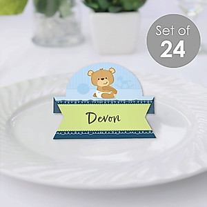 Big Dot of Happiness Baby Boy Teddy Bear - Baby Shower Tent Buffet Card - Table Setting Name Place Cards - Set of 24