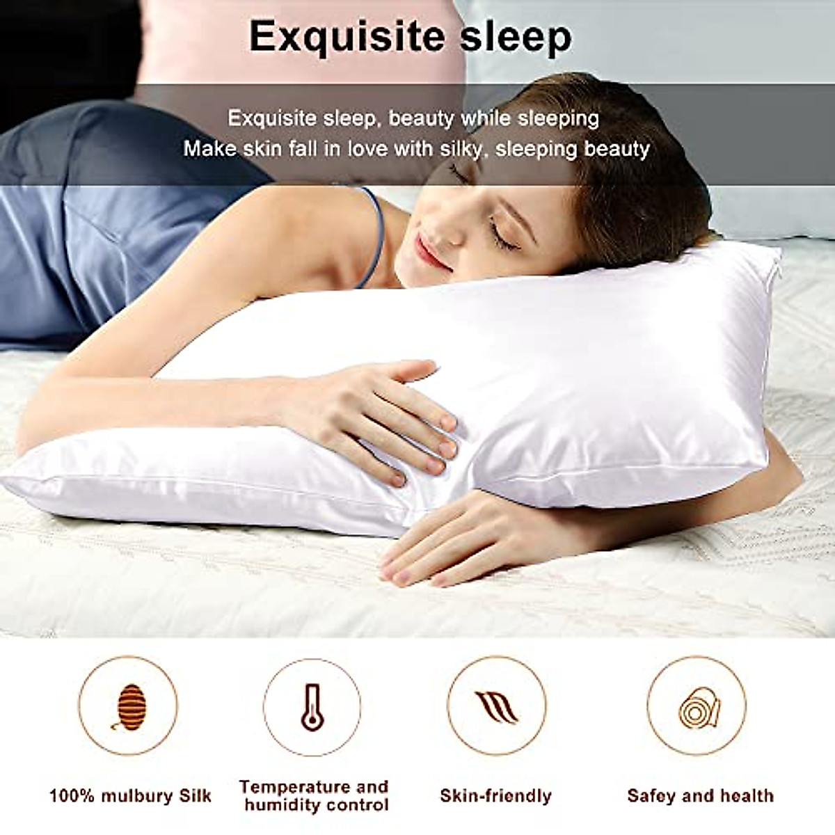 Silk Pillowcase 2 Pack for Hair and Skin, Ravmix Mulberry Silk Pillow Cases Standard Size 20×26inches Set of 2 Cooling Silk Pillow Covers with Hidden Zipper, Pure White