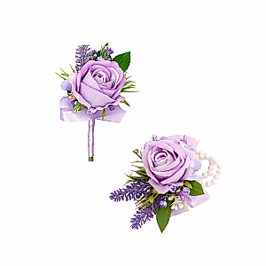 Floinla Purple Corsage and Boutonniere Set for Wedding Prom, Artificial Flower Wrist Corsage Bracelets, Homecoming Corsage Wristlet, Boutonniere for Men Wedding Suit Decorations