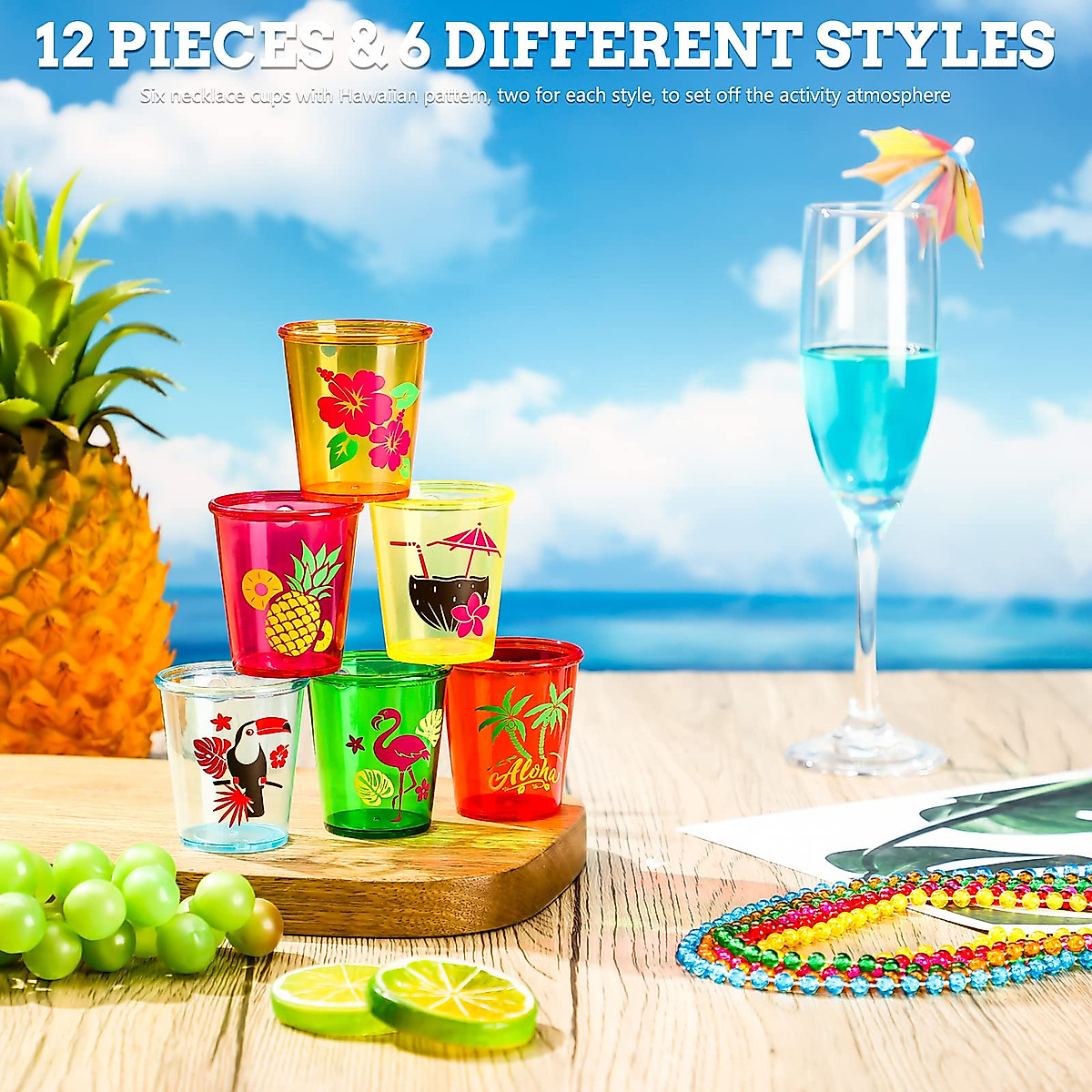 12 Pcs Hawaiian Luau Shot Glasses Bead Necklace Hawaiian Aloha Party Necklace Cups Flamingo Hibiscus Shot Glass Beaded Necklace Plastic Shot Glasses Necklace for Hawaiian, Summer Tiki Party Supplies