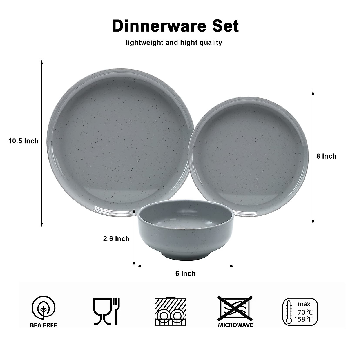 12 Pcs Melamine Dinnerware Sets, Plates and Bowls Sets, Dishes Set for 4, Melamine Plates, Outdoor Dinnerware Set, Lightweight, Unbreakable, Dishwasher Safe,BPA Free (Grey）