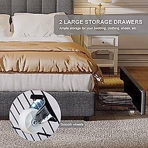 Origeture Queen Bed Frame with 2 Storage Drawers and Adjustable Headboard, Upholstered Linen Padded Platform Bed, Strong Wooden Slats Support, No Box Spring Needed, Easy Assembly, Noise-Free (Grey)