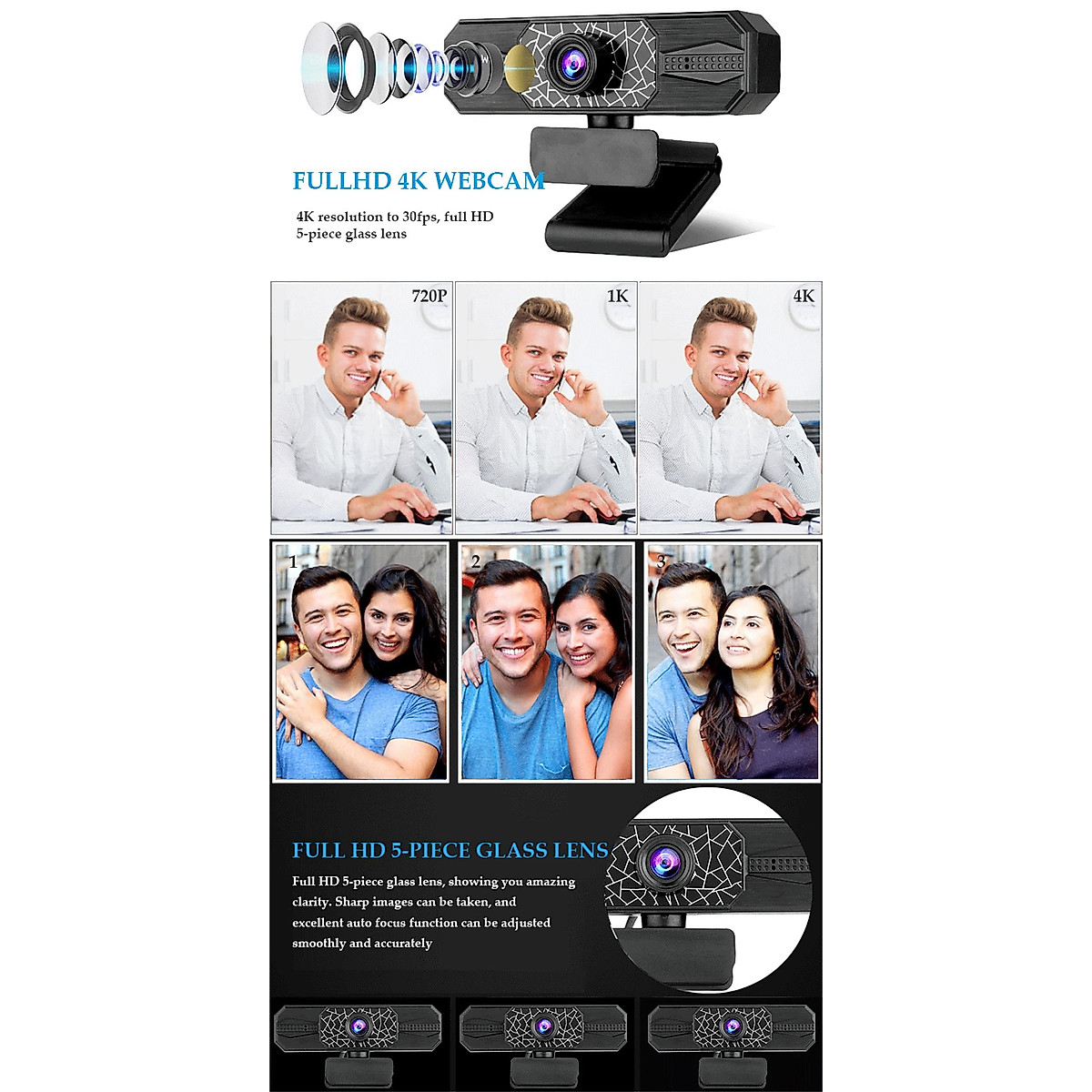 SYVI Webcam, Webcam with Microphone,Full 480P HD Video Webcam, Support 3D Denoising and Automatic Gain,USB Computer Webcam,for Video Calls Online Classroom,Black