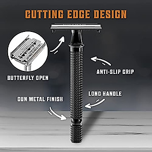 Long Handle Double Edge Safety Razor - Butterfly Open Razor with 10 Japanese Stainless Steel Double Edge Blades and Black Safety Razor Stand
