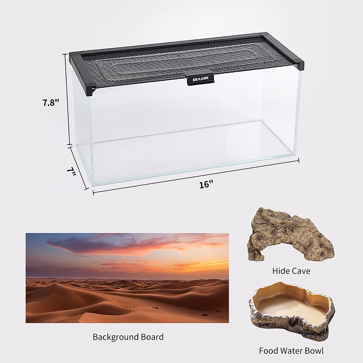 ERAARK Reptile Terrarium 4.5 Gallon Glass Reptile Tank 16"x7.8"x7" with Top Screen Ventilation,Hide Cave,Water Bowl for Bearded Dragon,Lizard,Spider,Hamster,Hermit Crab, Turtle Tortoise