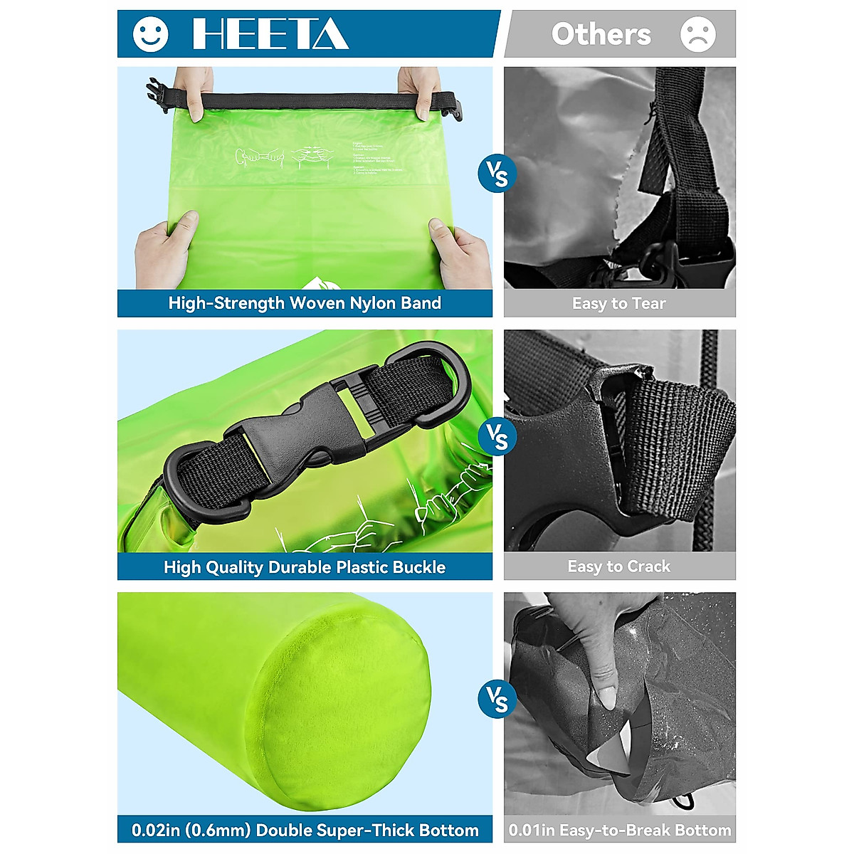 HEETA Dry Bag Waterproof for Women Men, Roll Top Lightweight Dry Storage Bag Backpack with Phone Case for Travel, Swimming, Boating, Kayaking, Camping and Beach (Transparent Lemon Green, 10L)