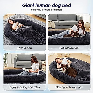DOGKE Large Human Dog Bed, 260GSM Luxury Fur Human Size Dog Bed for People,Waterproof Washable Giant Dog Bed for Human,Human Dog Bed for People Adults and Pets, Present Soft Blanket(72"x48"x10",Grey)