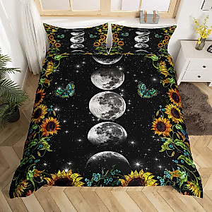 Sunflower Bedding Set Queen Size,Moon Planet Starry Sky Galaxy Universe Duvet Cover with 2 Pillowcases,Floral Trippy Comforter Cover for Kids Teens Boys Girls Adults Room Decor,Soft Black Quilt Cover