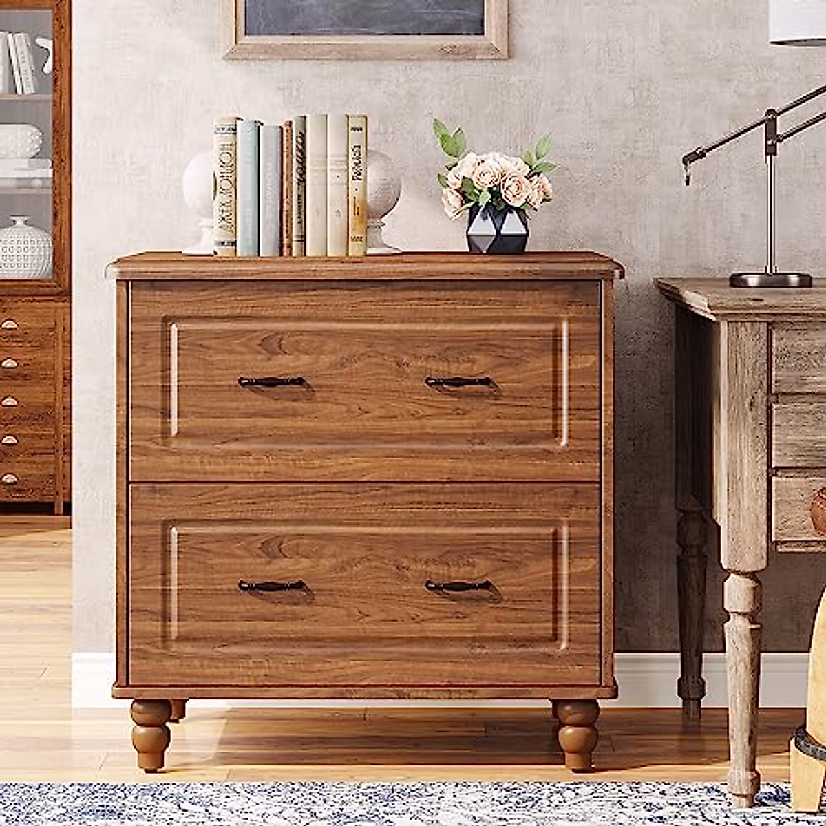 LITTLE TREE 2 Drawer Wood Lateral Filing Cabinet with Solid Wooden Legs,File Storage Cabinet with Anti-tilt Mechanism for Home Office