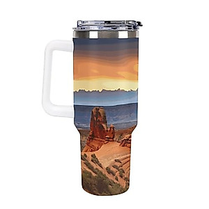 LLUTSNTH 40 Oz Vacuum Tumbler with White Handle Leakproof Insulated Tumbler Arches National Park Stainless Steel Travel Mug with Lid And Straw Coffee Cup Cute Water Bottles Cup Holder Friendly