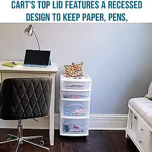 Homz Clear Plastic 4 Drawer Medium Home Organization Storage Container Tower w/2 Large and 2 Small Drawers, and Removeable Caster Wheels, White Frame