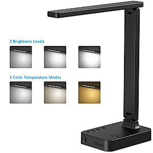 Drevet LED Desk Lamp, Desk Light with 1 USB Charging Port and 2 AC Power Outlet, 3 Lighting Modes, 3 Level Brightness,1H Timer, Touch Control, Eye-Caring Home Office Foldable Table Lamp (Black)