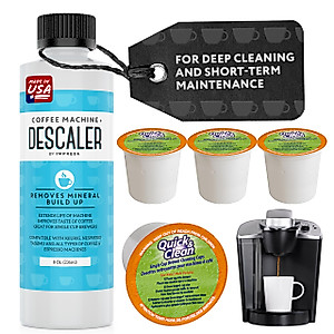 IMPRESA Cleaning and Descaler Kit - 2 Uses Per Bottle Plus 4 Cleaning Cups Compatible with Keurig K-Cup Pod Machines - Made in USA - Universal Descaling Solution and Stain Remover